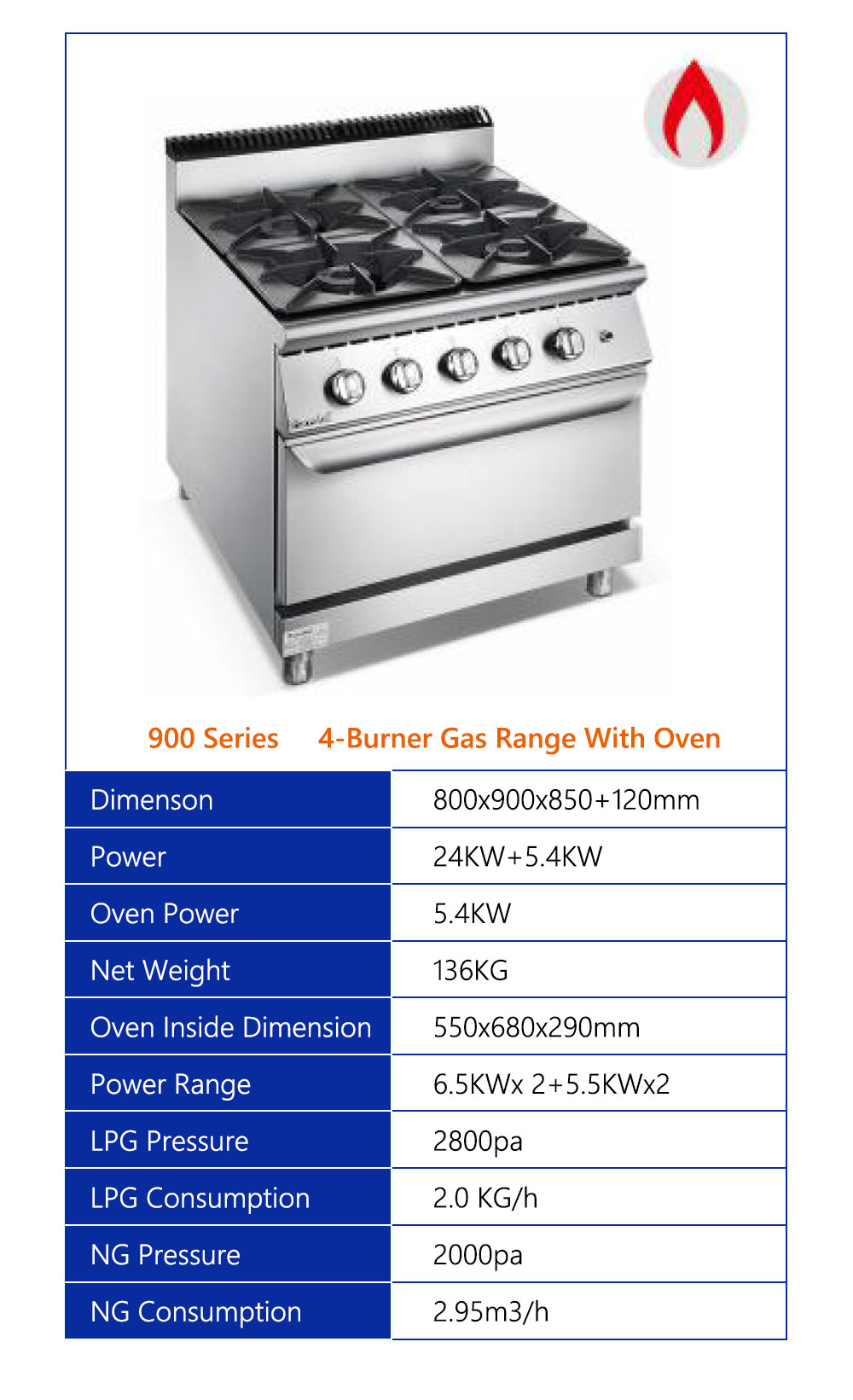 900 Series 4-Burner Gas Cooking Range With Oven